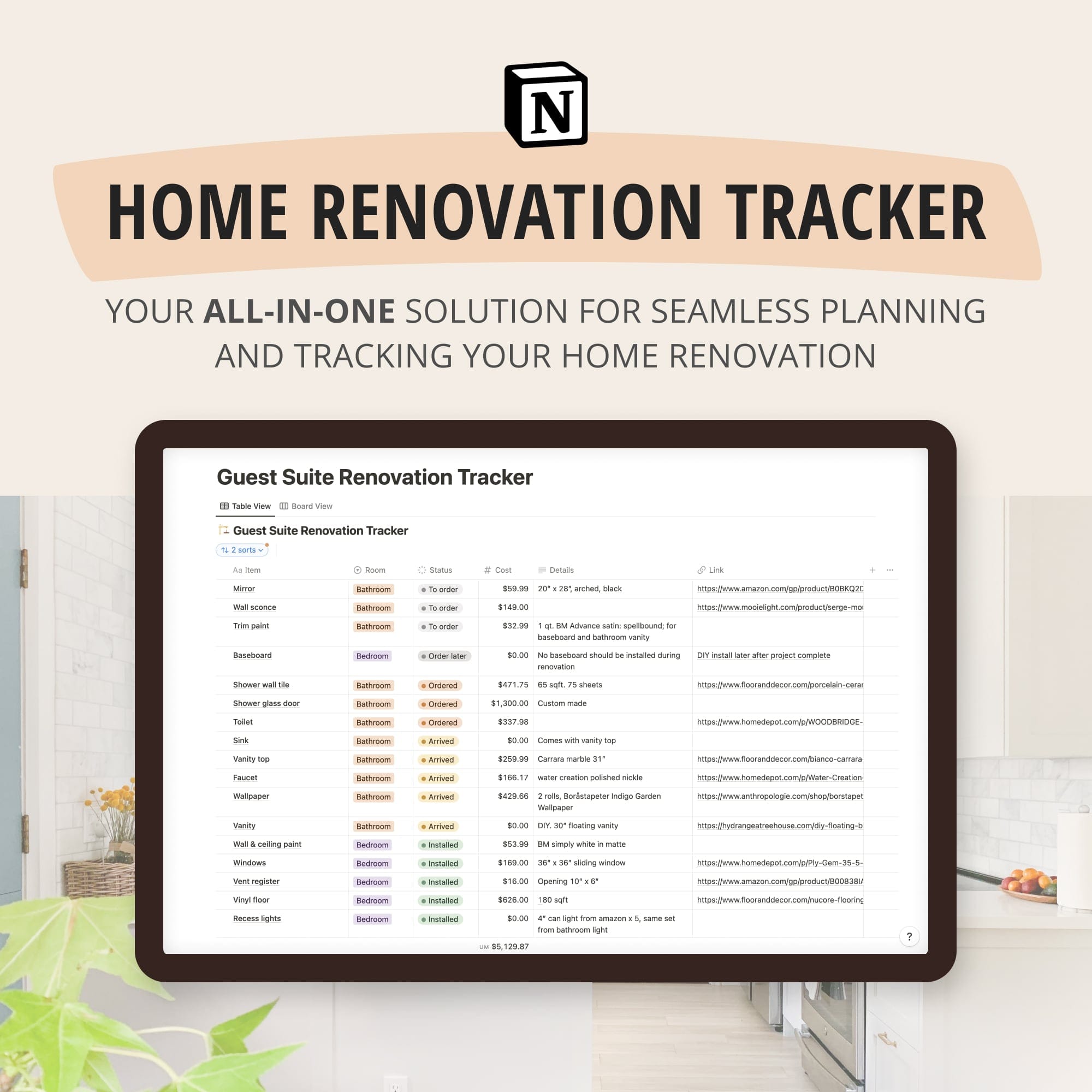 Home Renovation Planner & Tracker (Notion Template) – Hydrangea Treehouse